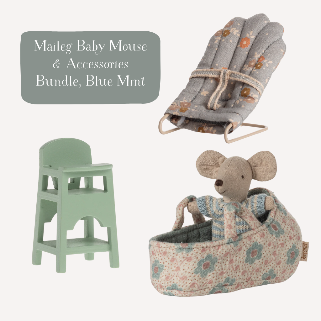 Maileg Baby Mouse & Accessories Bundle, Blue Mint - Yoyo & Flo