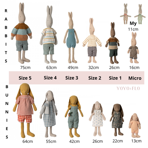 What are the various sizes of Maileg bunnies and rabbits? - Yoyo & Flo